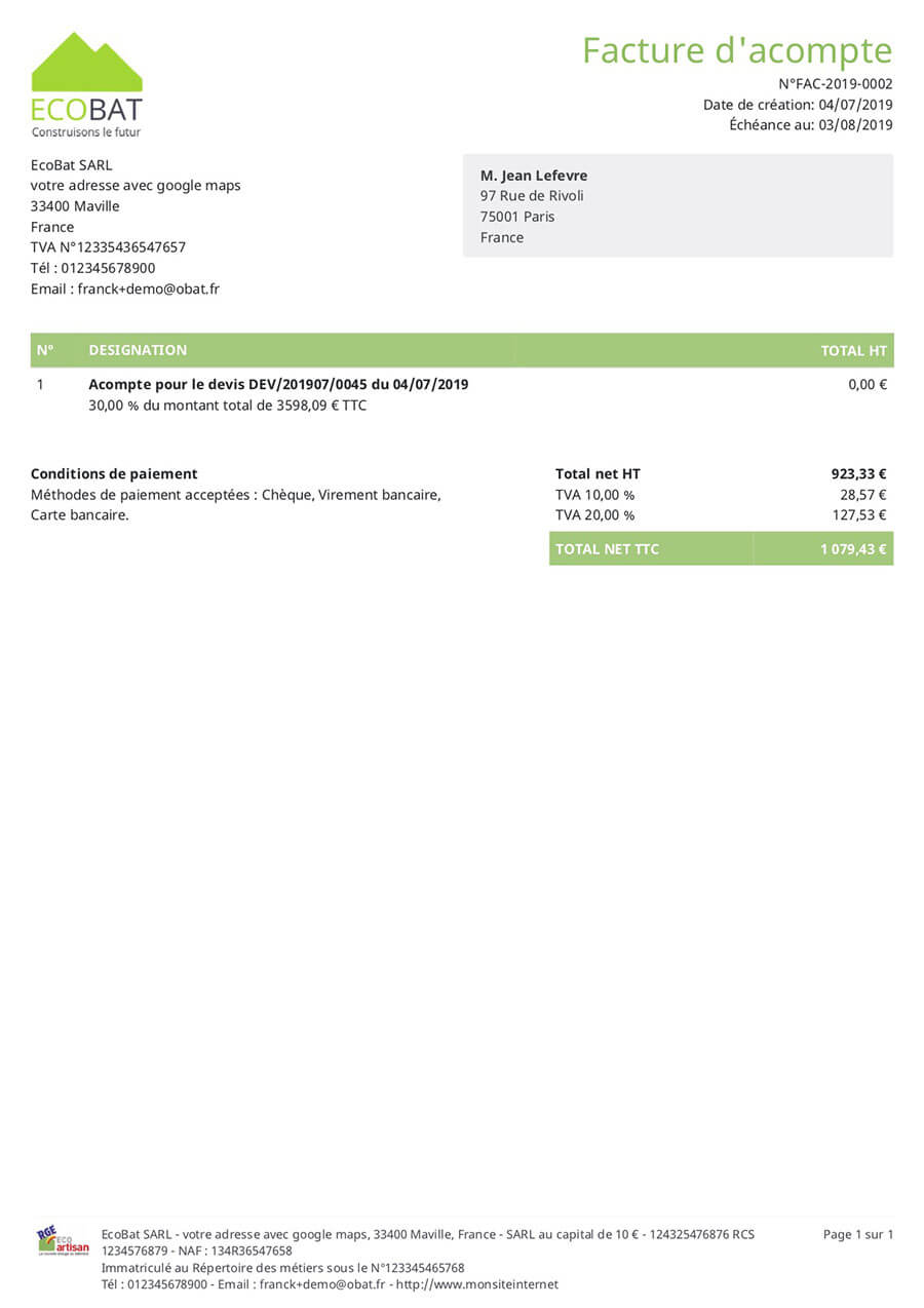 Facture d’acompte : mentions légales et modèle